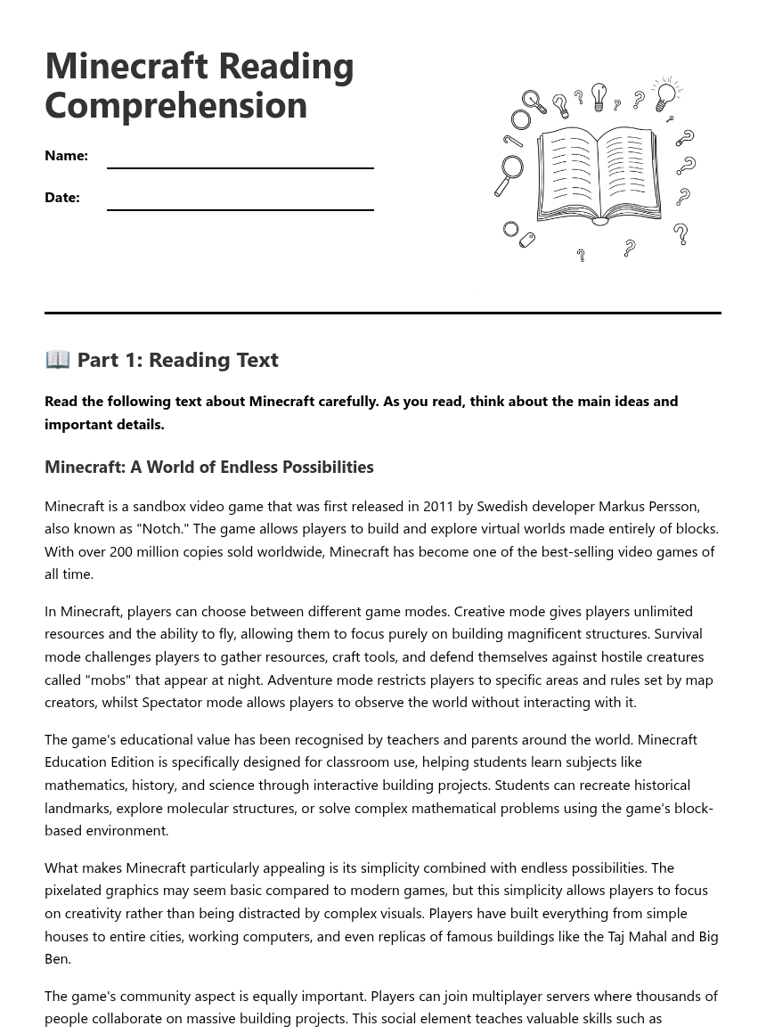 Minecraft Reading Comprehension — Free Printable Worksheet for English ...