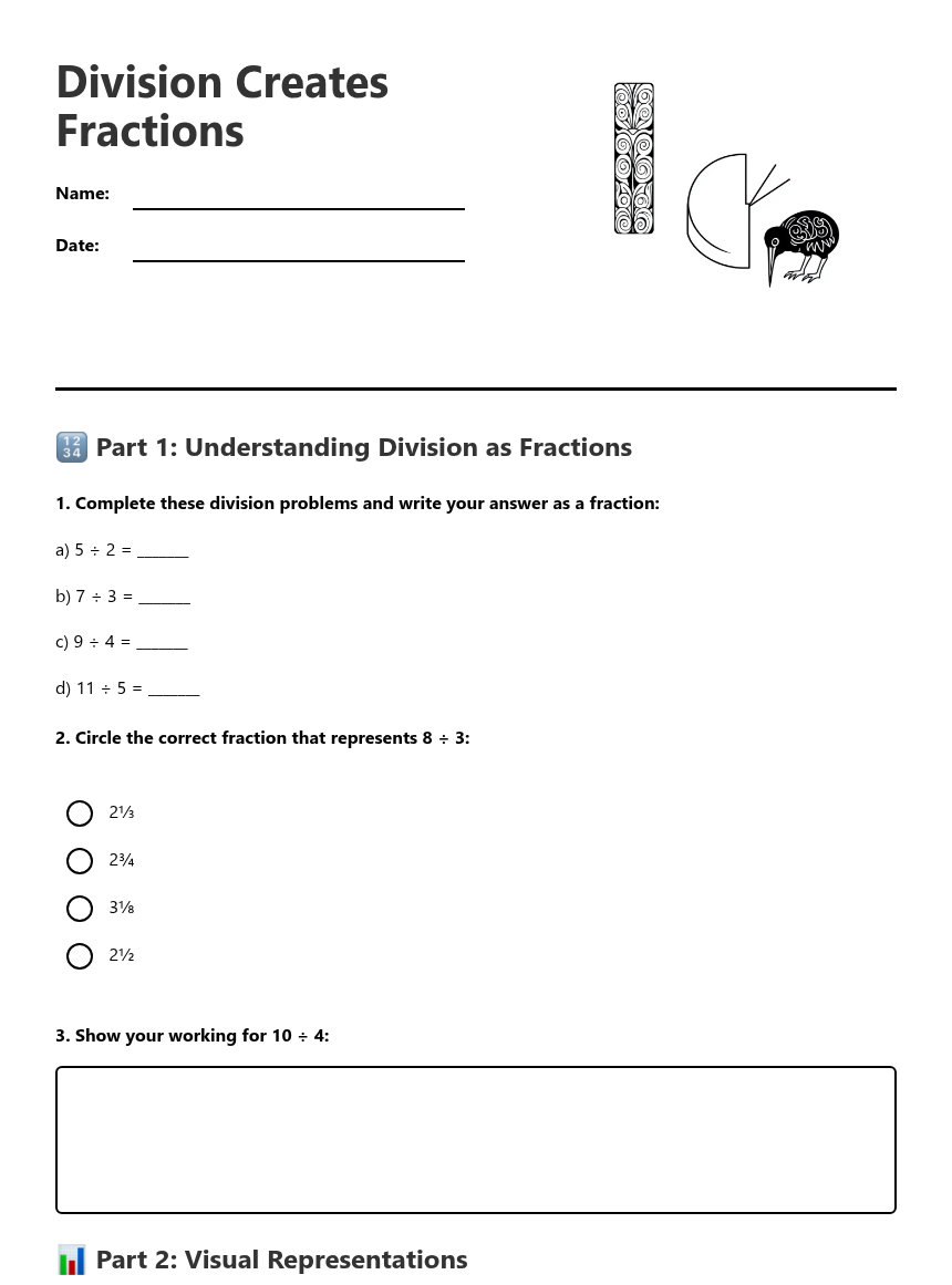 Division Creates Fractions — Free Printable Worksheet | Kuraplan