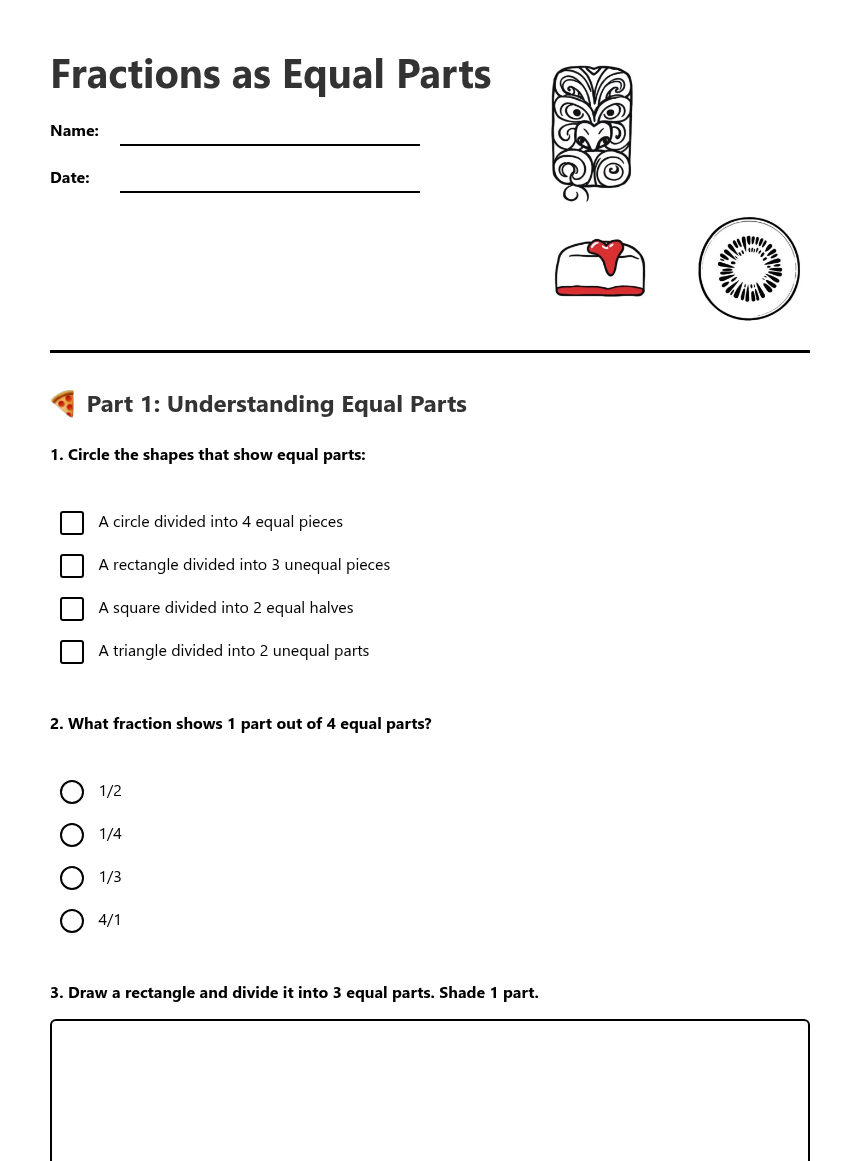 Fractions as Equal Parts — Free Printable Worksheet for Maths | Kuraplan