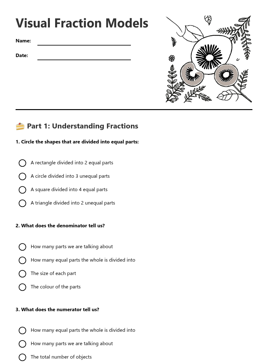 Visual Fraction Models — Free Printable Worksheet for Maths | Kuraplan