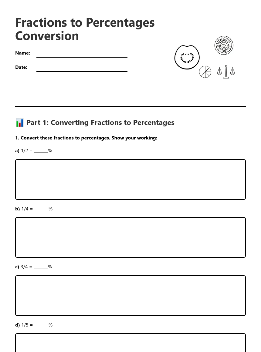 Fractions to Percentages Conversion — Free Printable Worksheet | Kuraplan