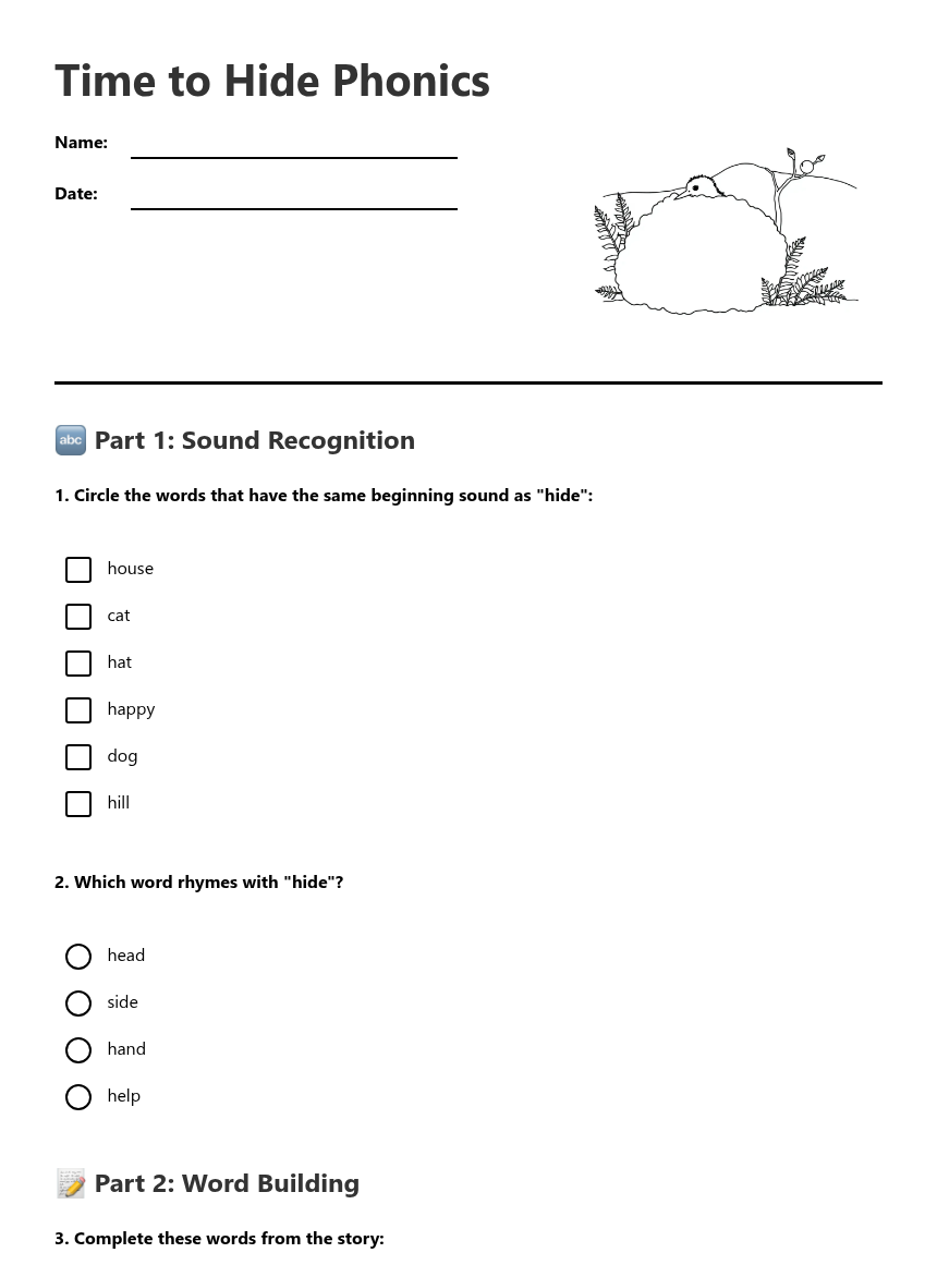 Time to Hide Phonics — Free Printable Worksheet for English | Kuraplan