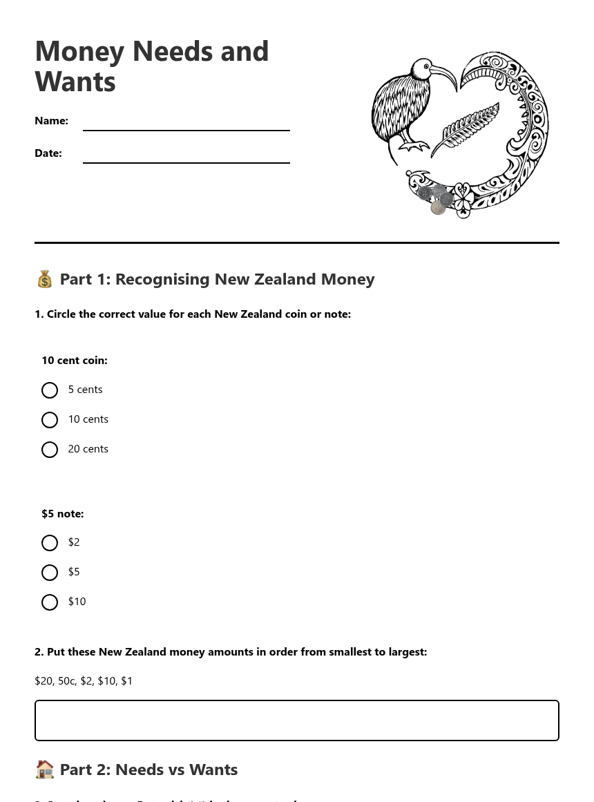 Money Needs and Wants — Free Printable Worksheet | Kuraplan
