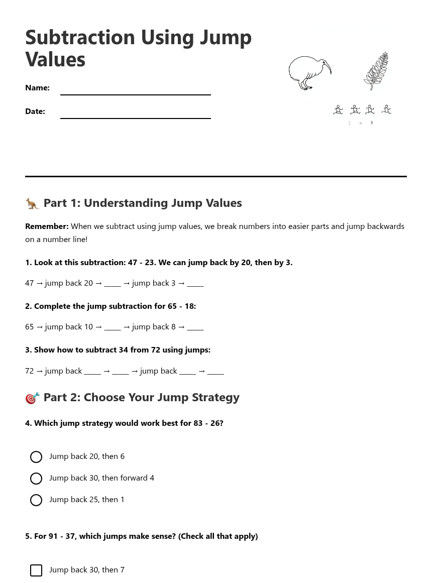 Subtraction Using Jump Values — Free Printable Worksheet | Kuraplan