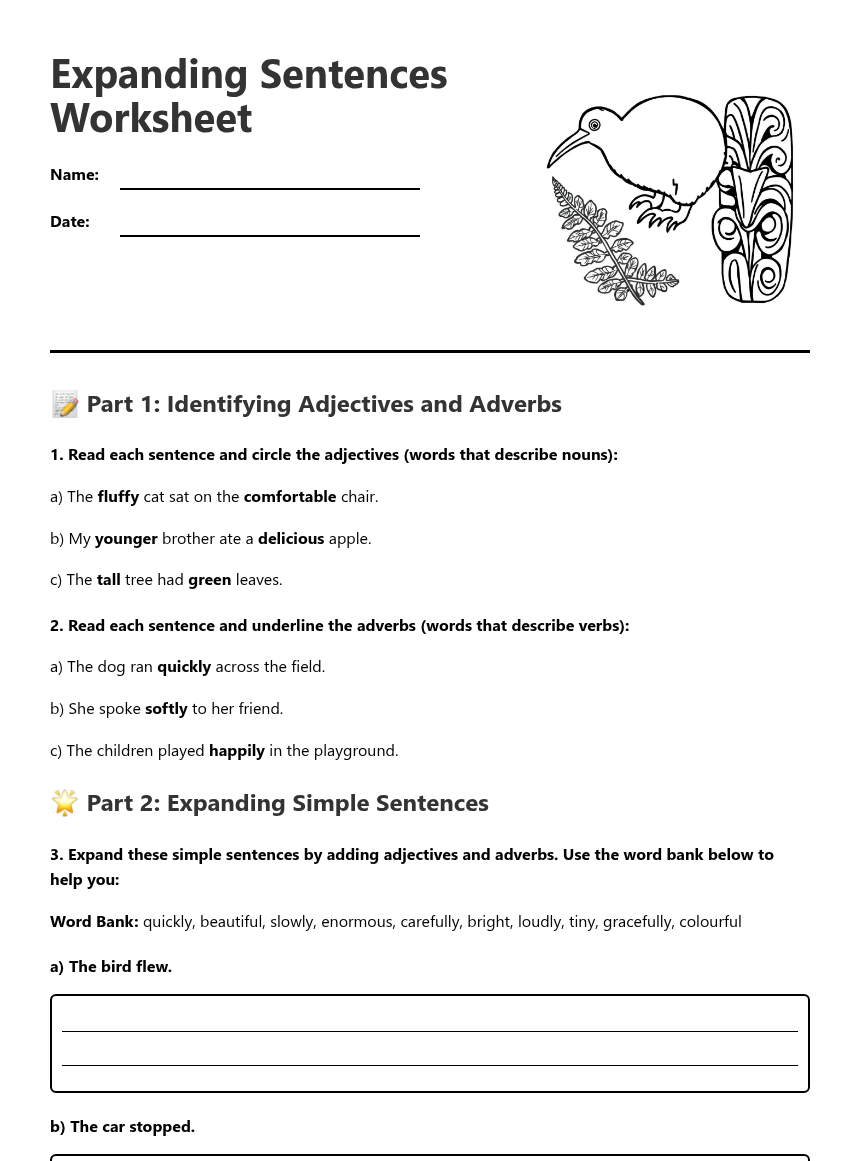 Expanding Sentences Worksheet — Free Printable Worksheet for English ...