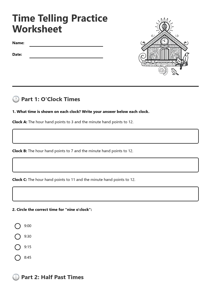 Time Telling Practice Worksheet — Free Printable Worksheet | Kuraplan