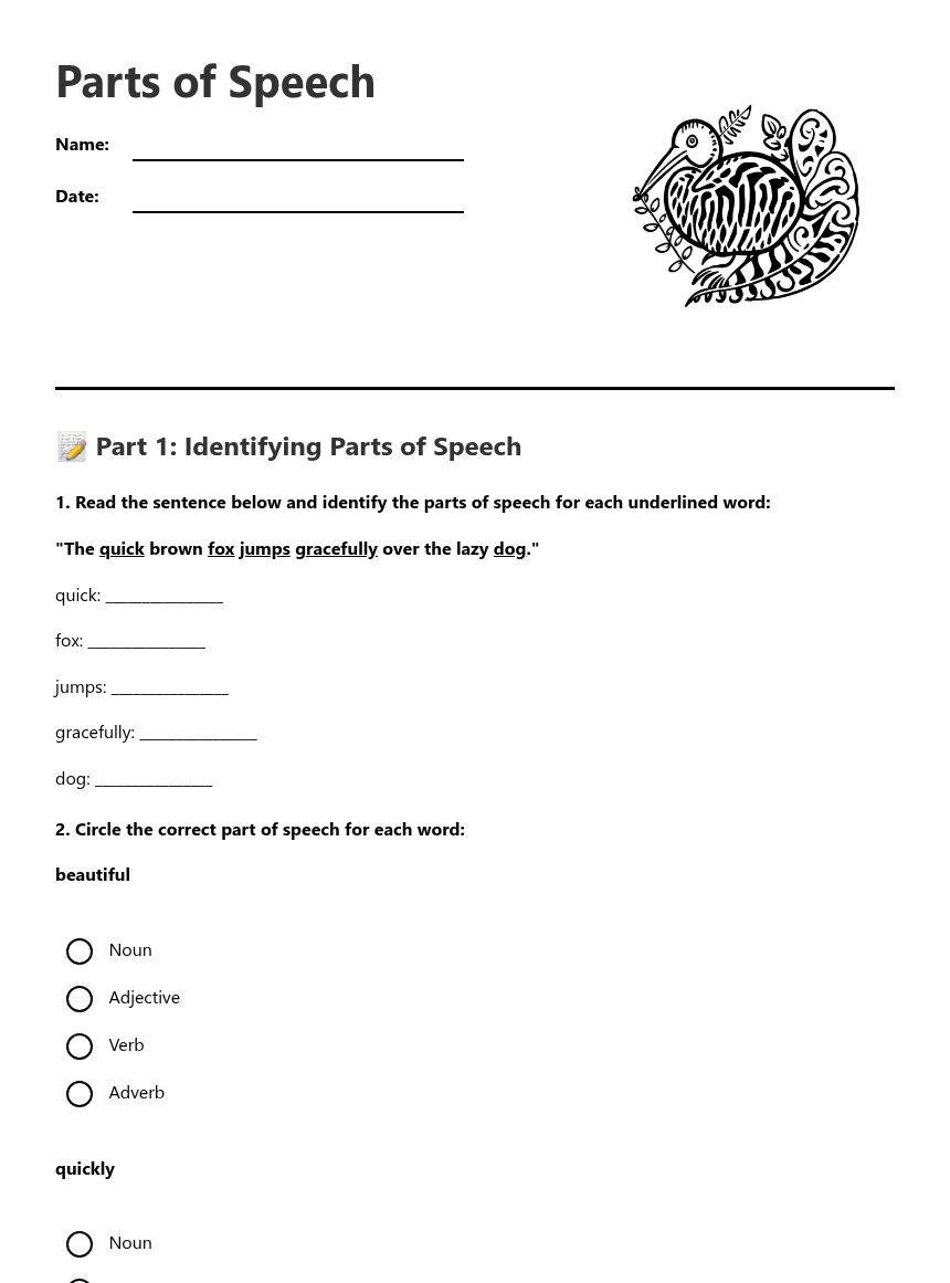 Parts of Speech — Free Printable Worksheet for English | Kuraplan