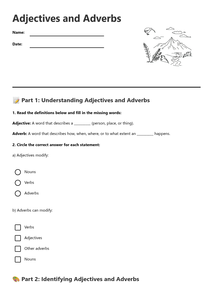 Adjectives and Adverbs — Free Printable Worksheet for English | Kuraplan