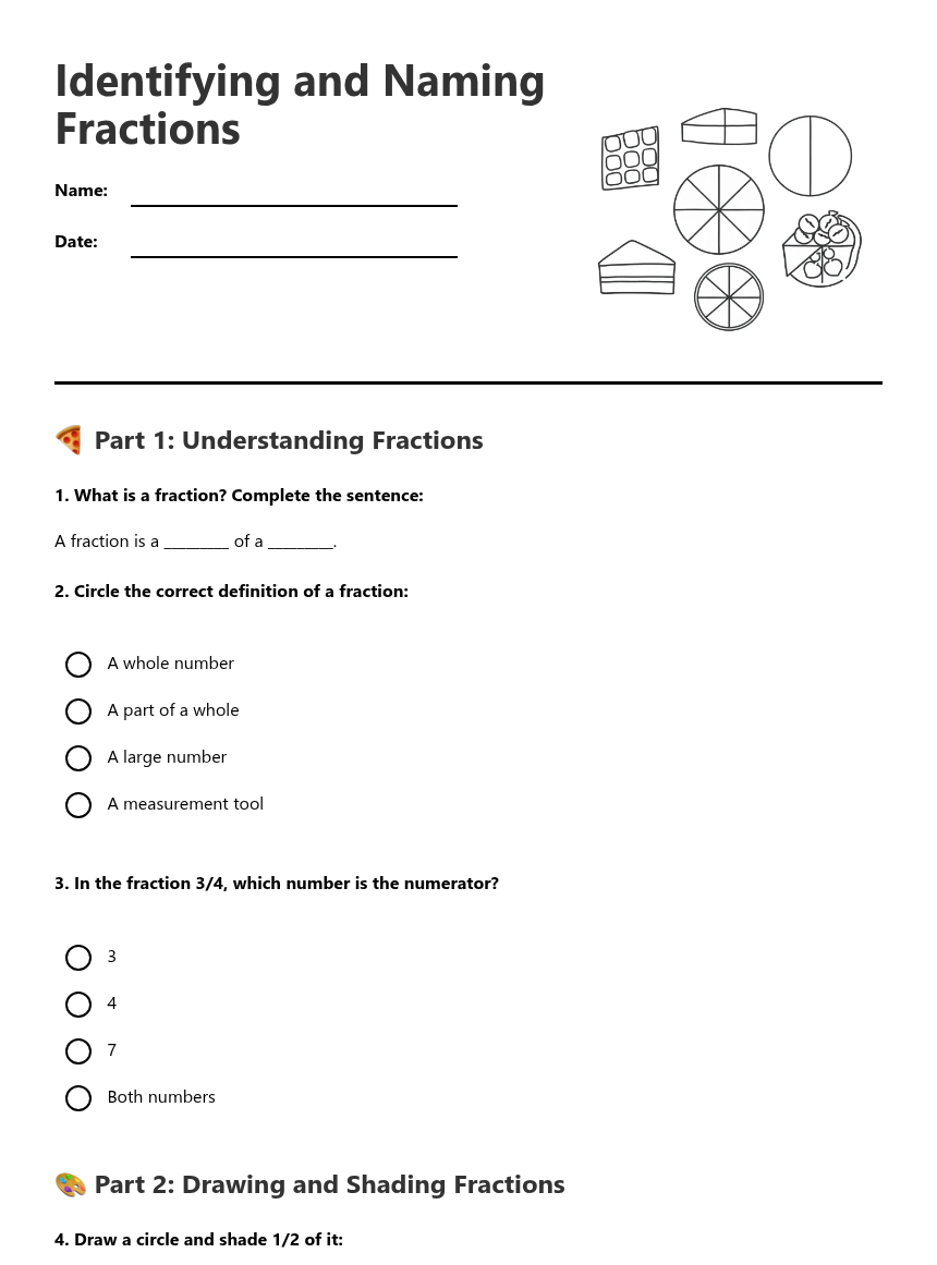 Identifying and Naming Fractions — Free Printable Worksheet for ...