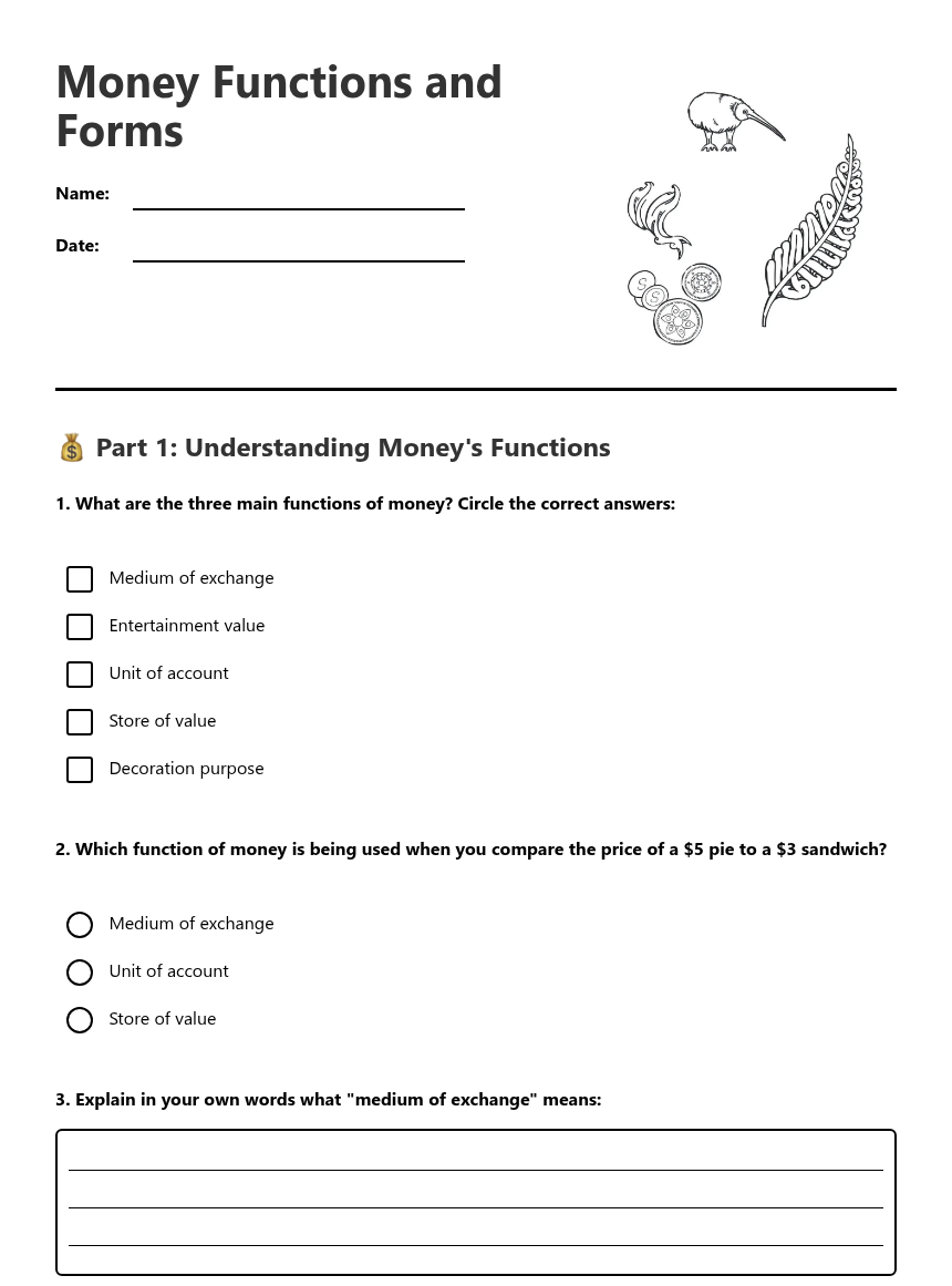 Money Functions and Forms — Free Printable Worksheet | Kuraplan