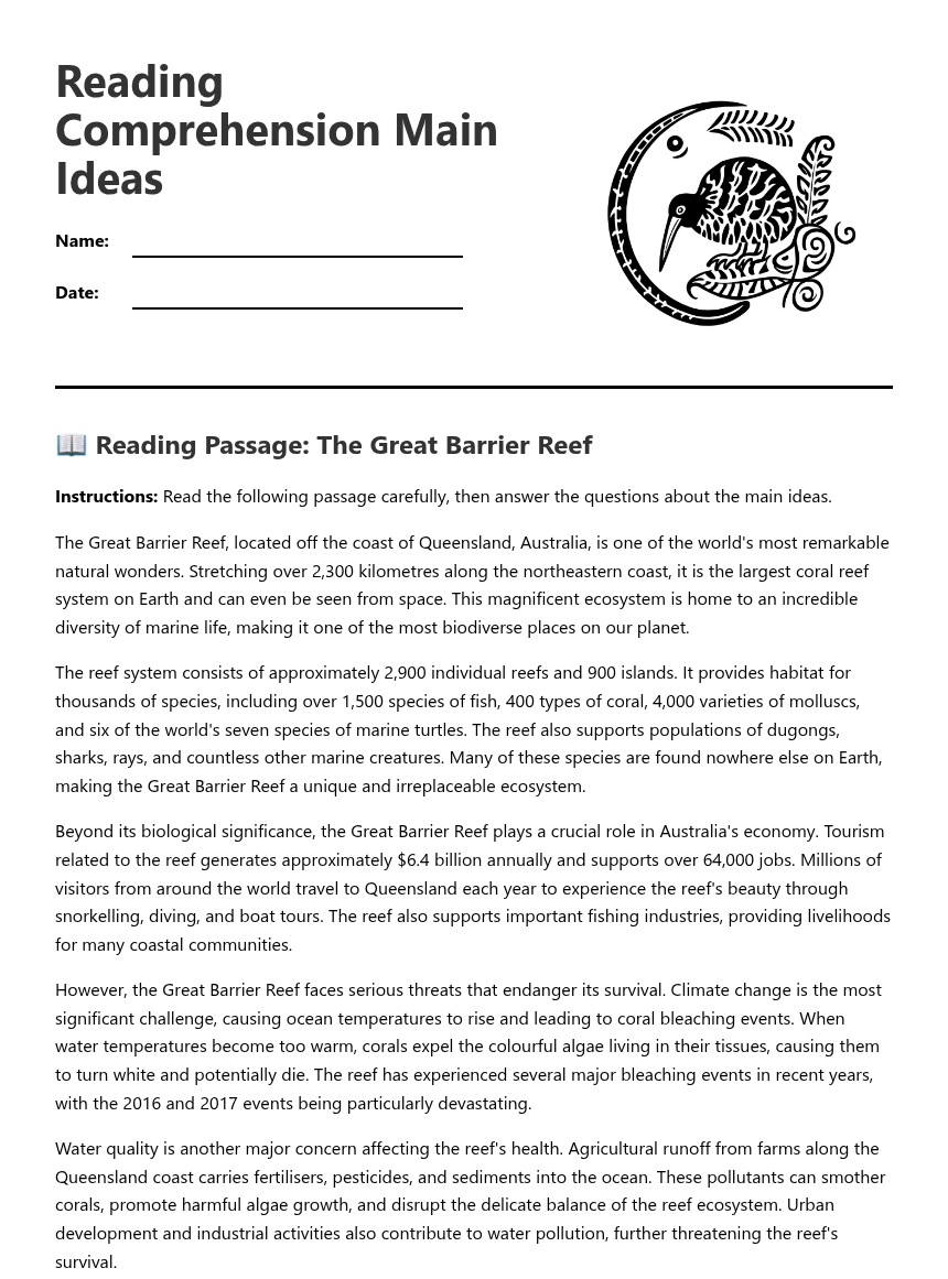 Reading Comprehension Main Ideas — Free Printable Worksheet for English ...