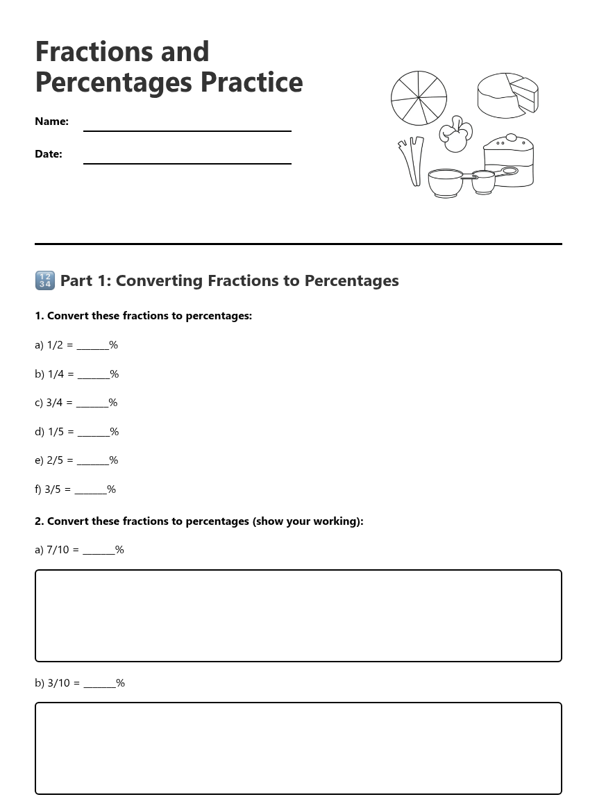 Fractions and Percentages Practice — Free Printable Worksheet for Maths ...