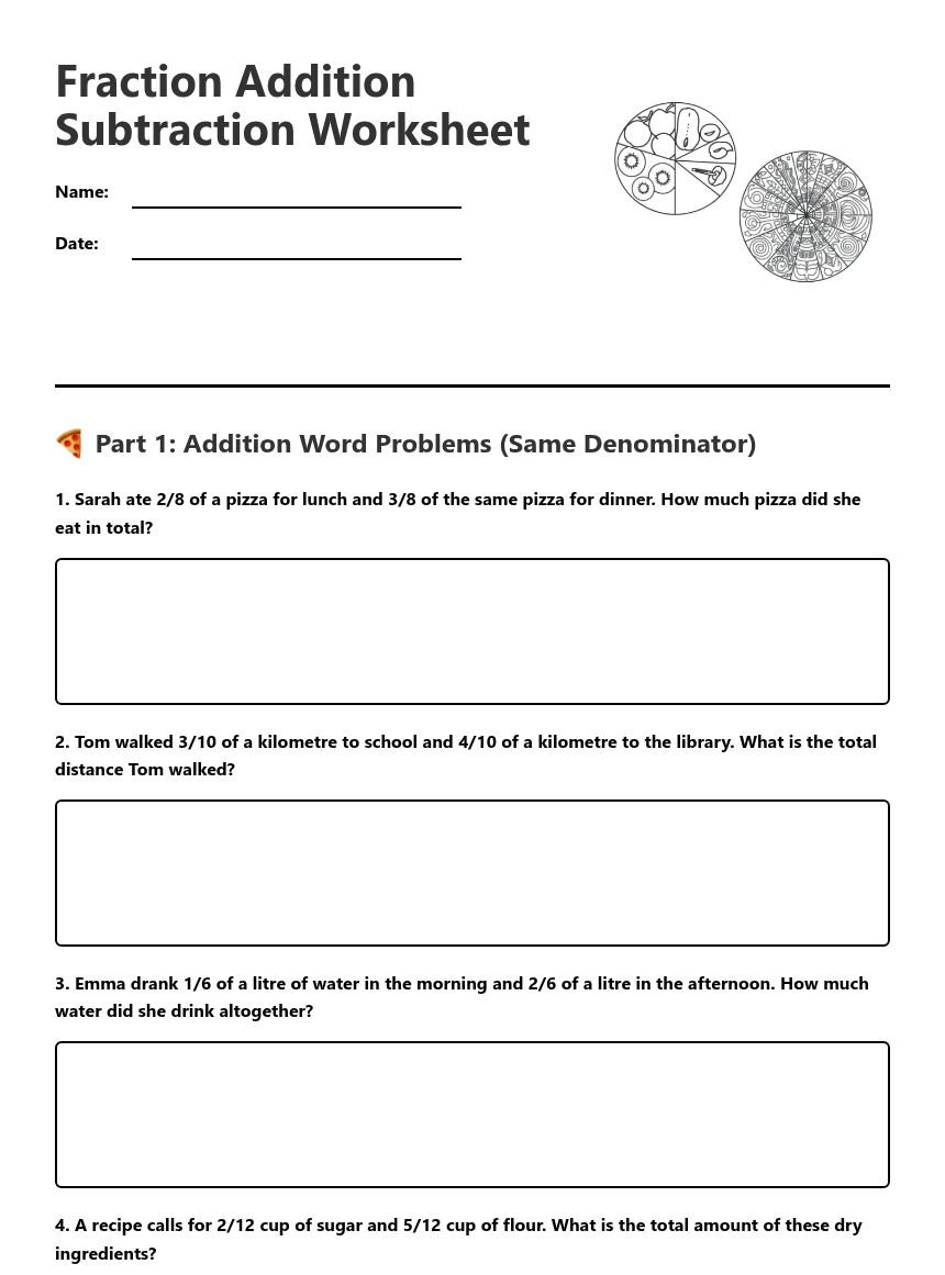 Fraction Addition Subtraction Worksheet — Free Printable Worksheet for ...