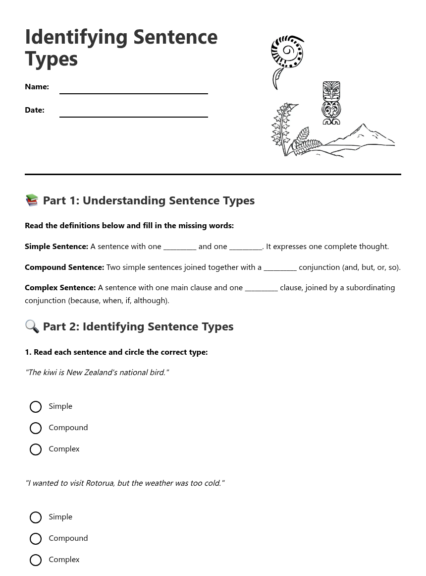 Identifying Sentence Types — Free Printable Worksheet for English ...