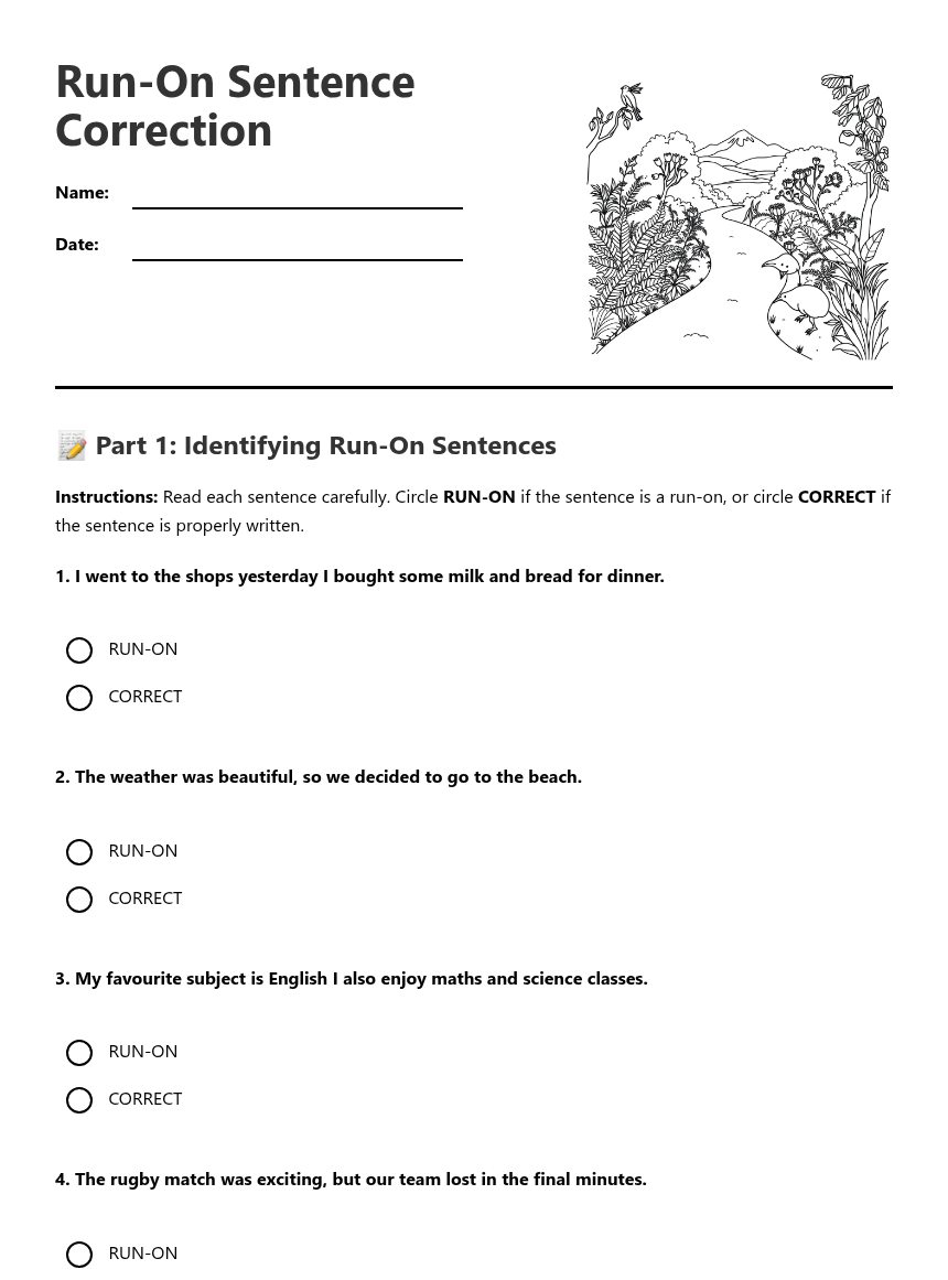 Run-On Sentence Correction — Free Printable Worksheet for English ...