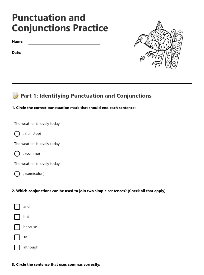 Punctuation and Conjunctions Practice — Free Printable Worksheet for ...