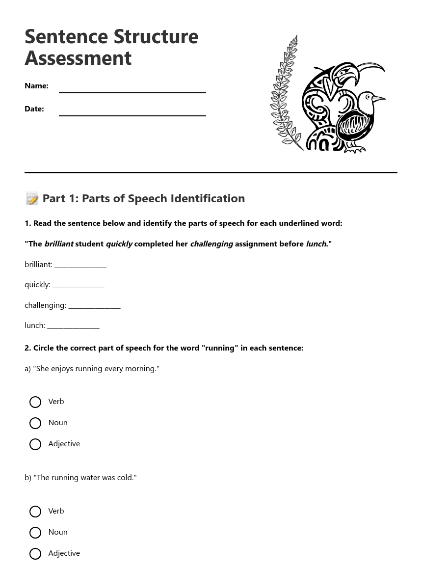 Sentence Structure Assessment — Free Printable Worksheet for English ...