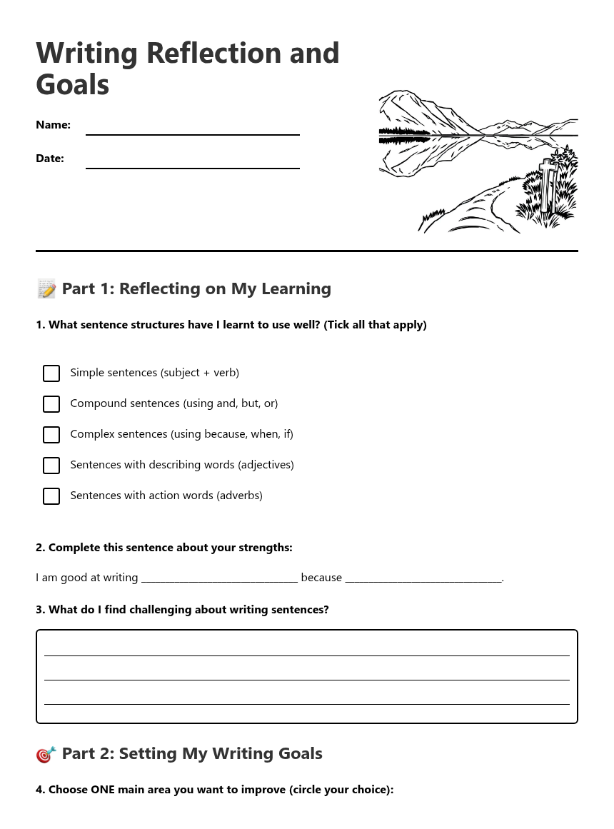 Writing Reflection and Goals — Free Printable Worksheet for English ...