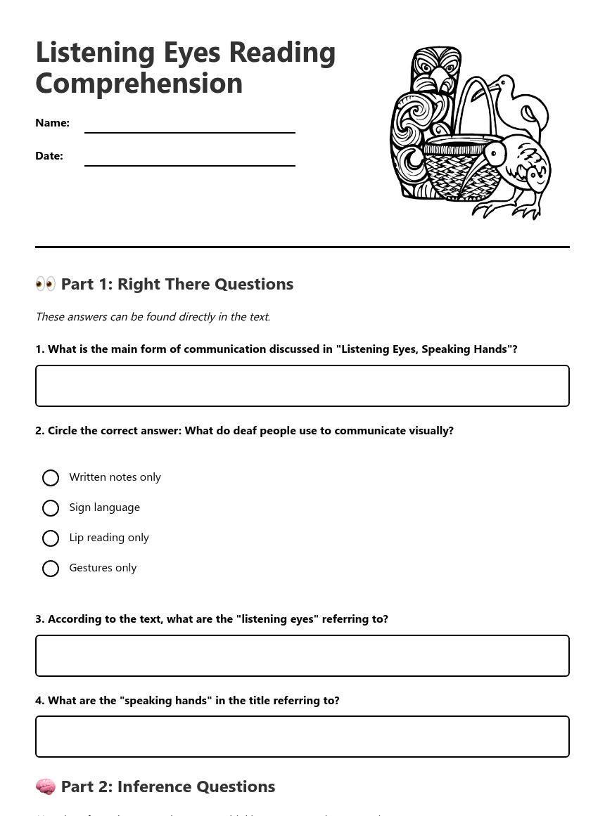 Listening Eyes Reading Comprehension — Free Printable Worksheet | Kuraplan
