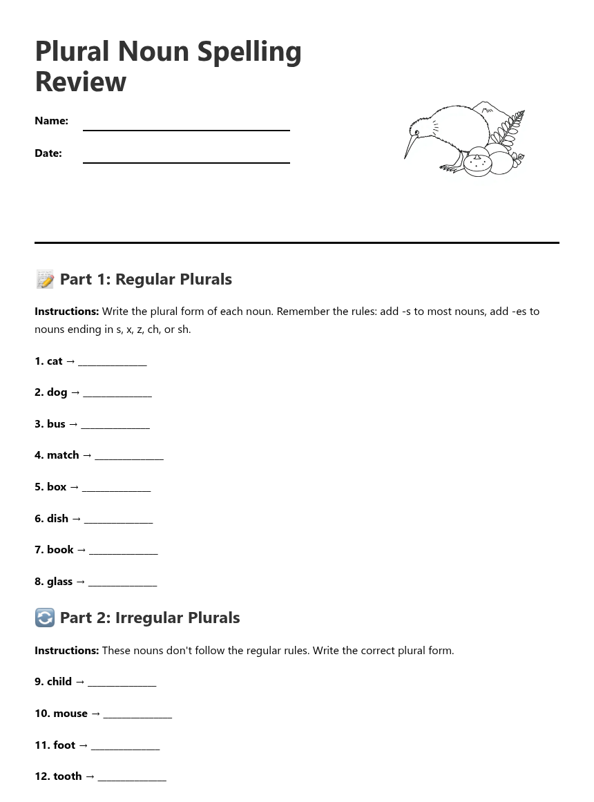 Plural Noun Spelling Review — Free Printable Worksheet | Kuraplan