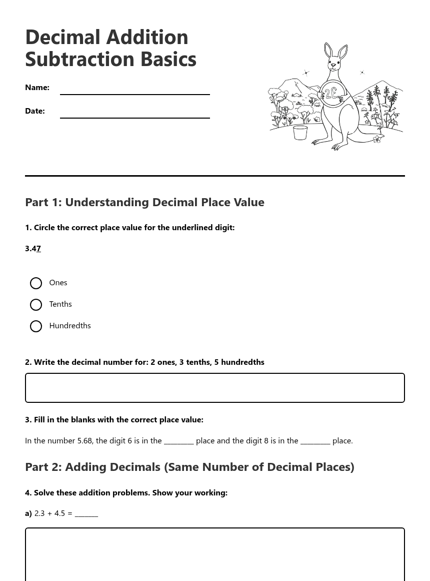 Decimal Addition Subtraction Basics — Free Printable Worksheet for ...