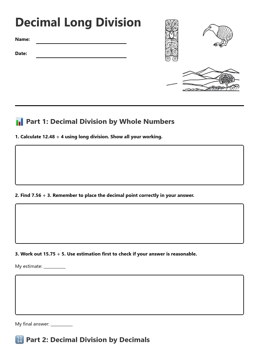 Decimal Long Division — Free Printable Worksheet for Maths | Kuraplan