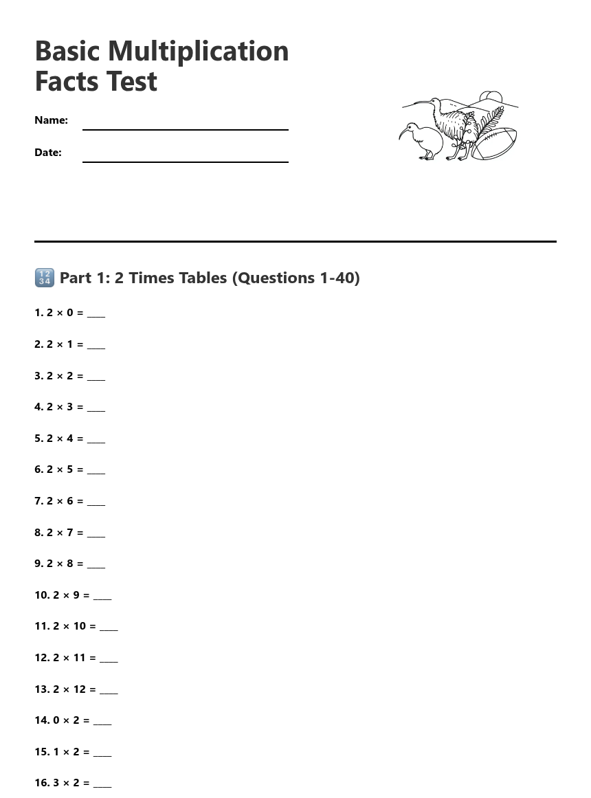 Basic Multiplication Facts Test — Free Printable Worksheet for Maths ...