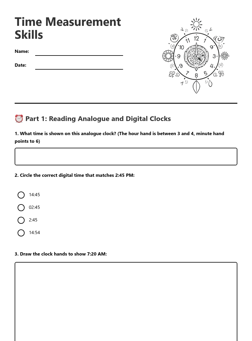Time Measurement Skills — Free Printable Worksheet | Kuraplan