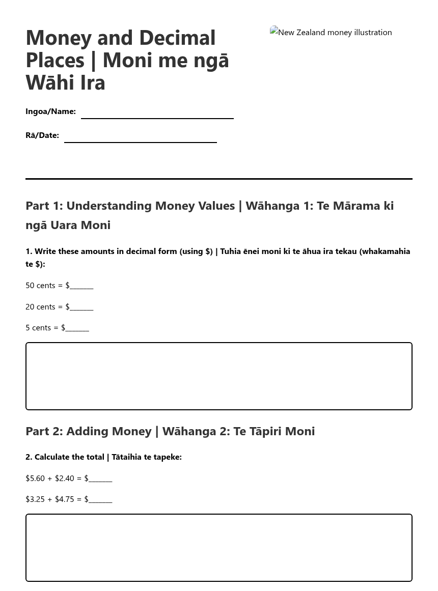 Money and Decimal Places — Free Printable Worksheet | Kuraplan
