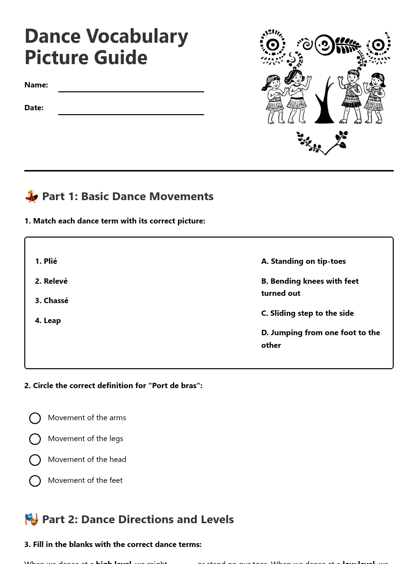 Dance Vocabulary Picture Guide — Free Printable Worksheet for Drama ...