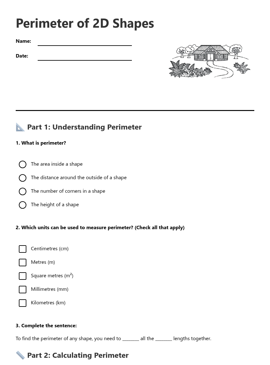 Perimeter of 2D Shapes — Free Printable Worksheet for Maths | Kuraplan