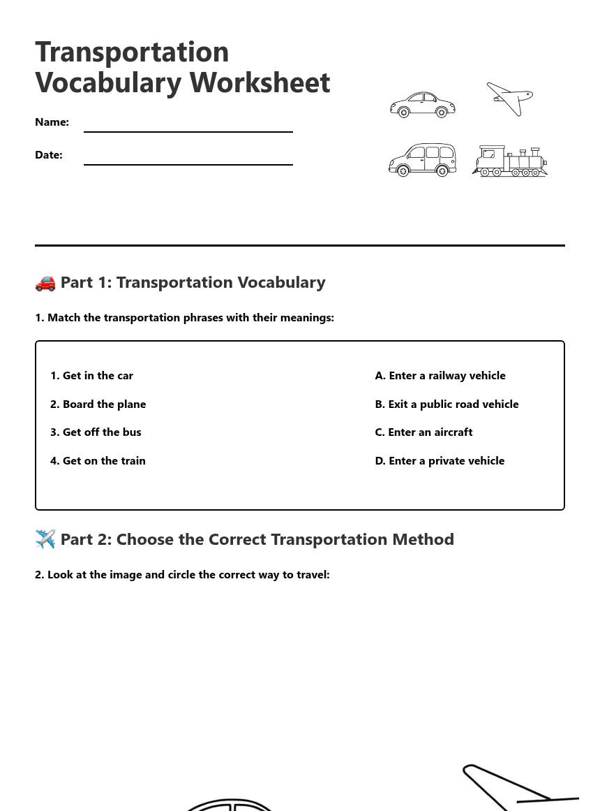 Transportation Vocabulary Worksheet — Free Printable Worksheet for ...