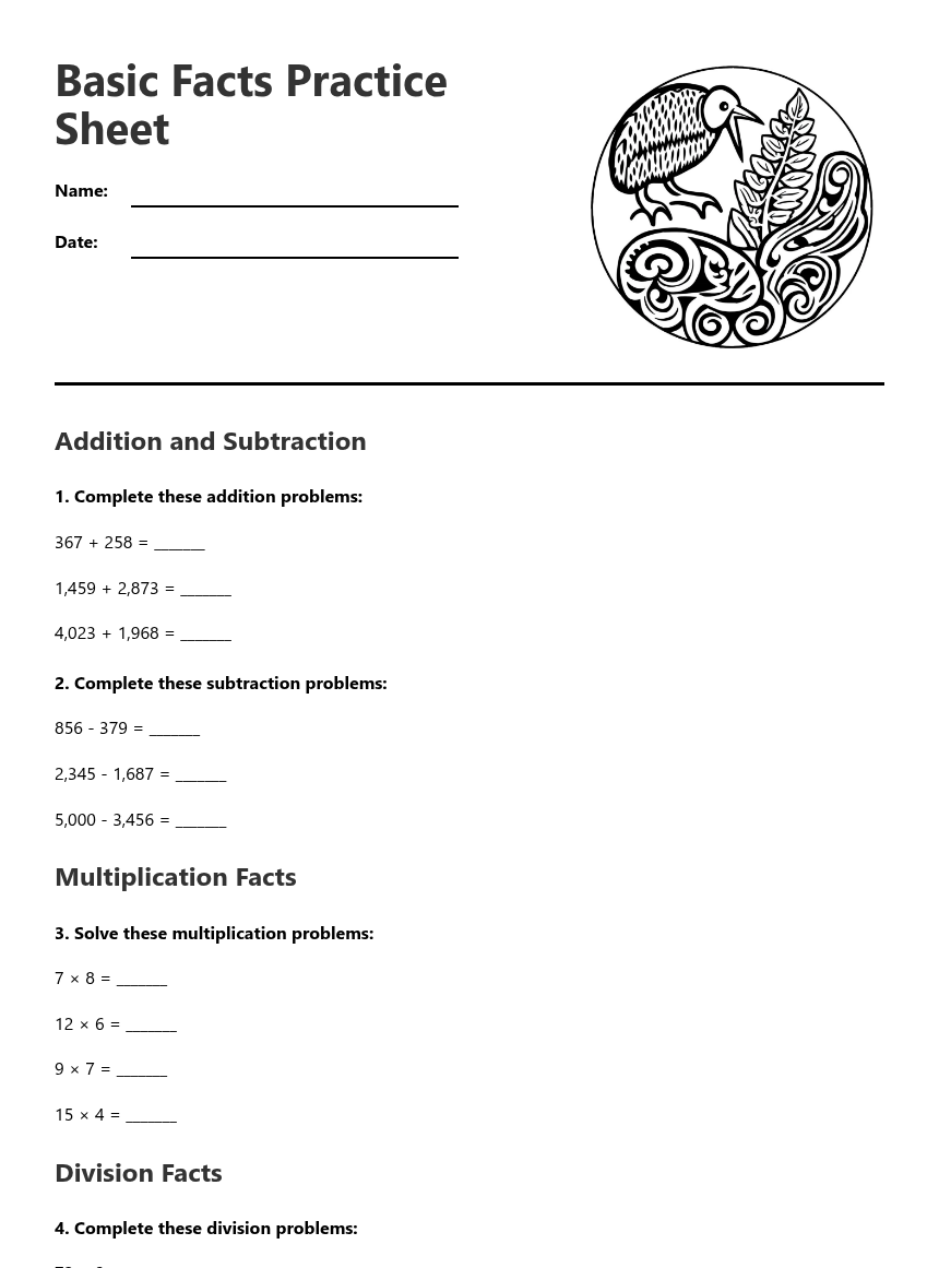 Basic Facts Practice Sheet — Free Printable Worksheet for Maths | Kuraplan