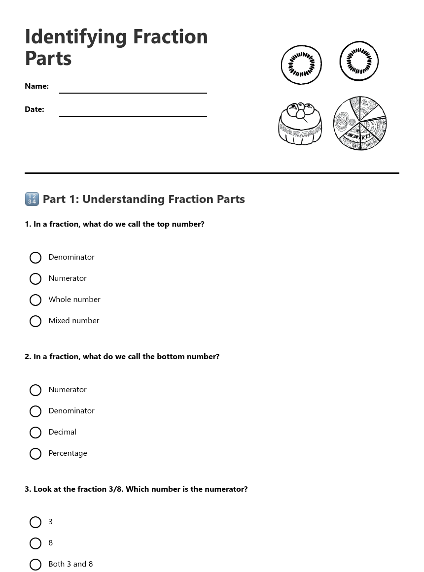 Identifying Fraction Parts — Free Printable Worksheet | Kuraplan
