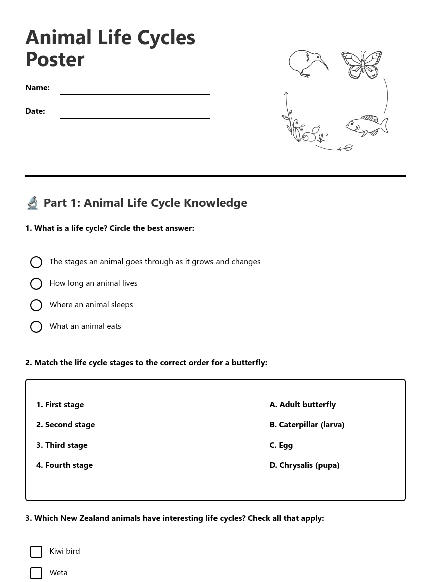 Animal Life Cycles Poster — Free Printable Worksheet for Science | Kuraplan