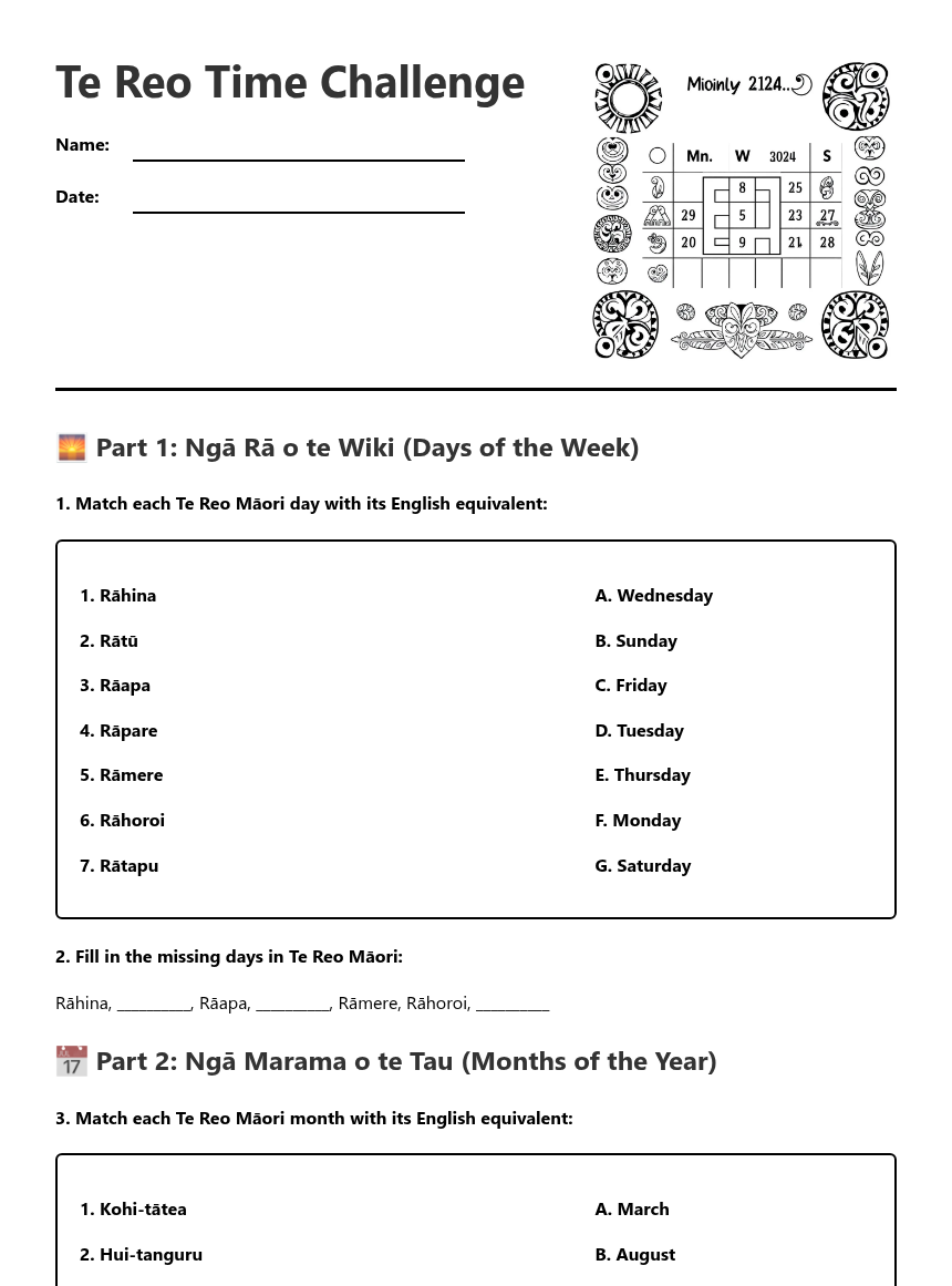 Te Reo Time Challenge — Free Printable Worksheet for Te Reo Māori ...