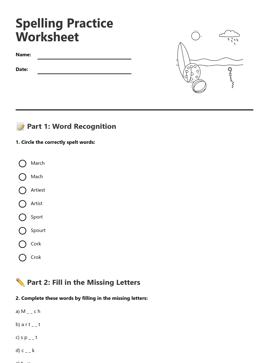 Spelling Practice Worksheet — Free Printable Worksheet | Kuraplan