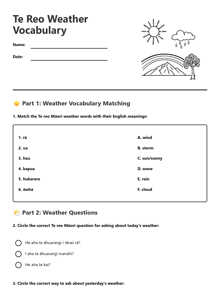 Te Reo Weather Vocabulary — Free Printable Worksheet | Kuraplan
