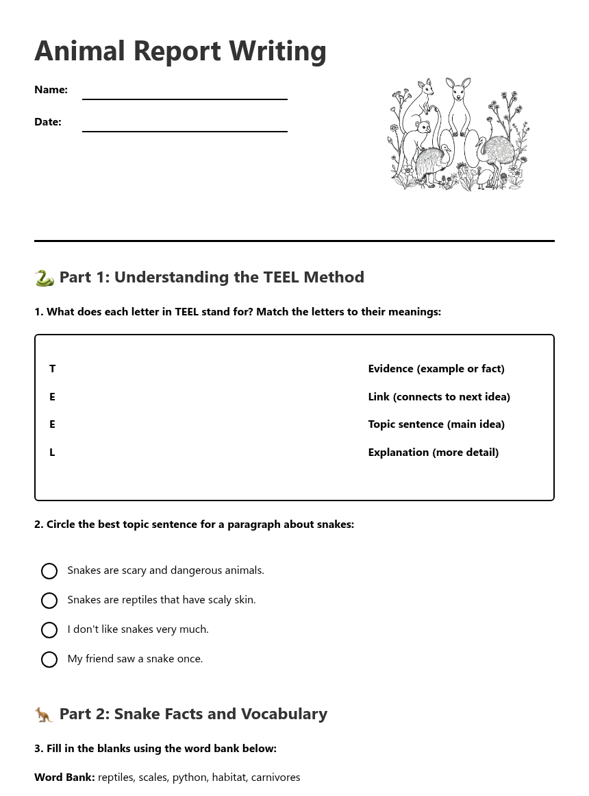 Animal Report Writing — Free Printable Worksheet for English | Kuraplan