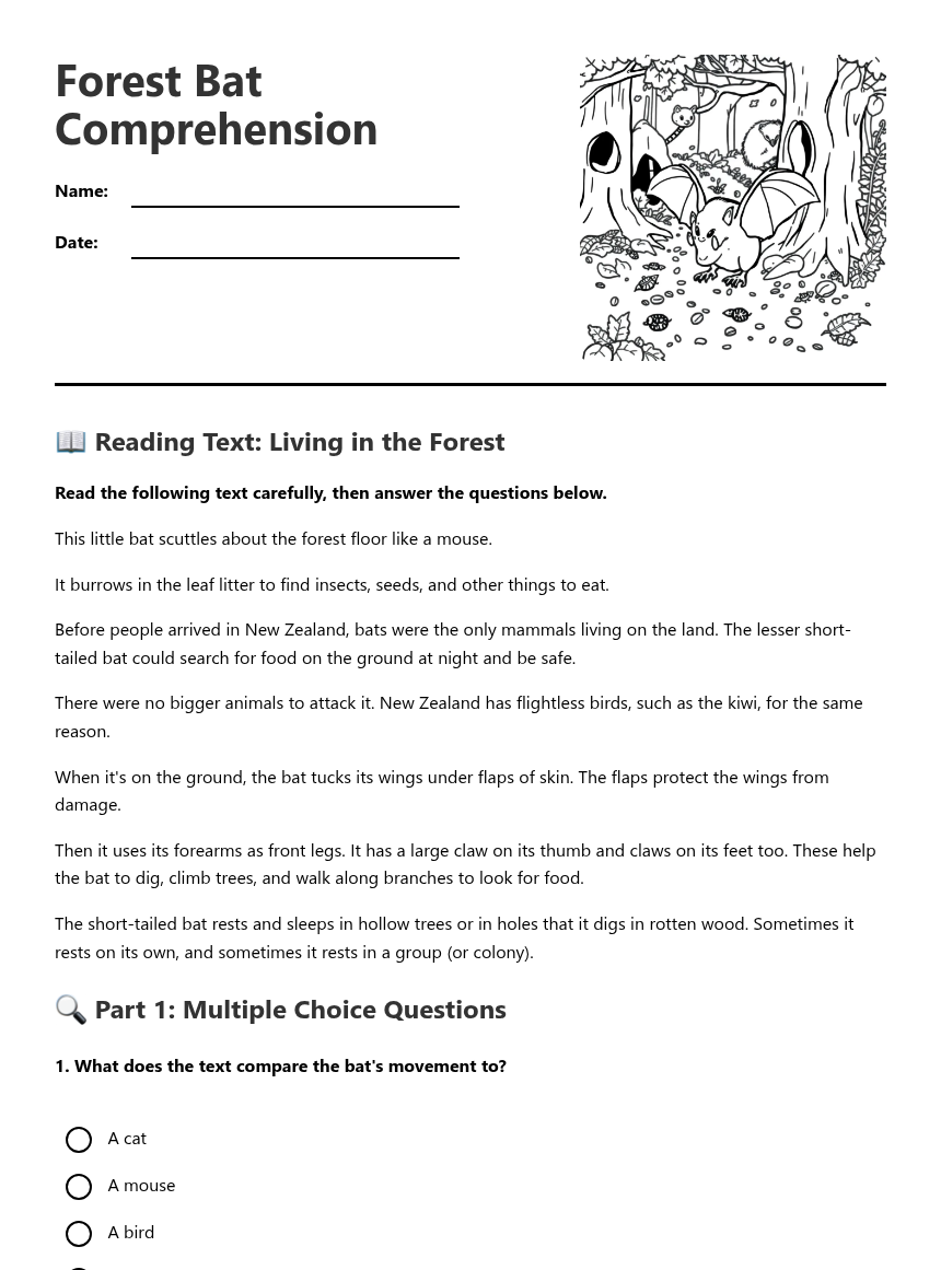 Forest Bat Comprehension — Free Printable Worksheet for English | Kuraplan