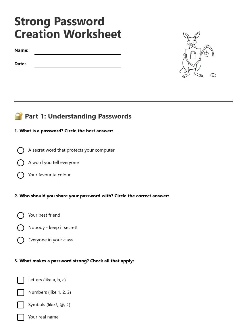 Strong Password Creation Worksheet — Free Printable Worksheet for ...