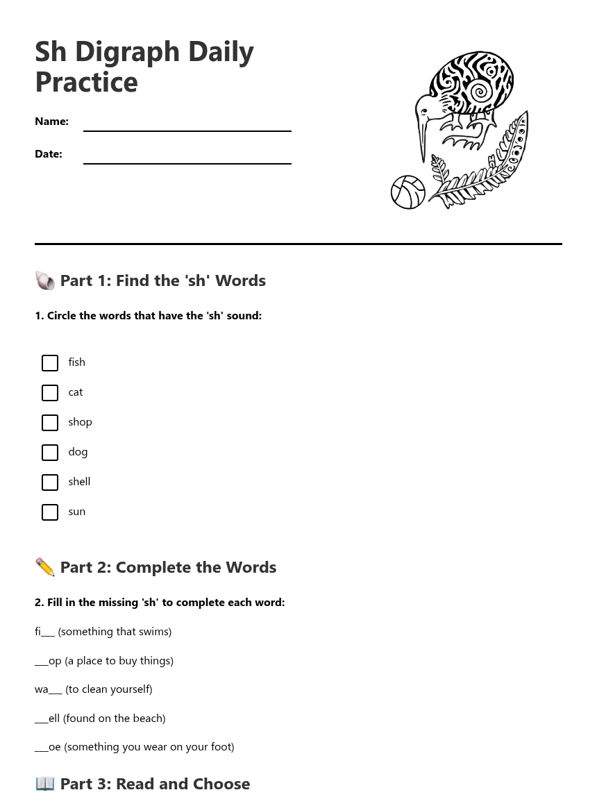 Sh Digraph Daily Practice — Free Printable Worksheet for English | Kuraplan