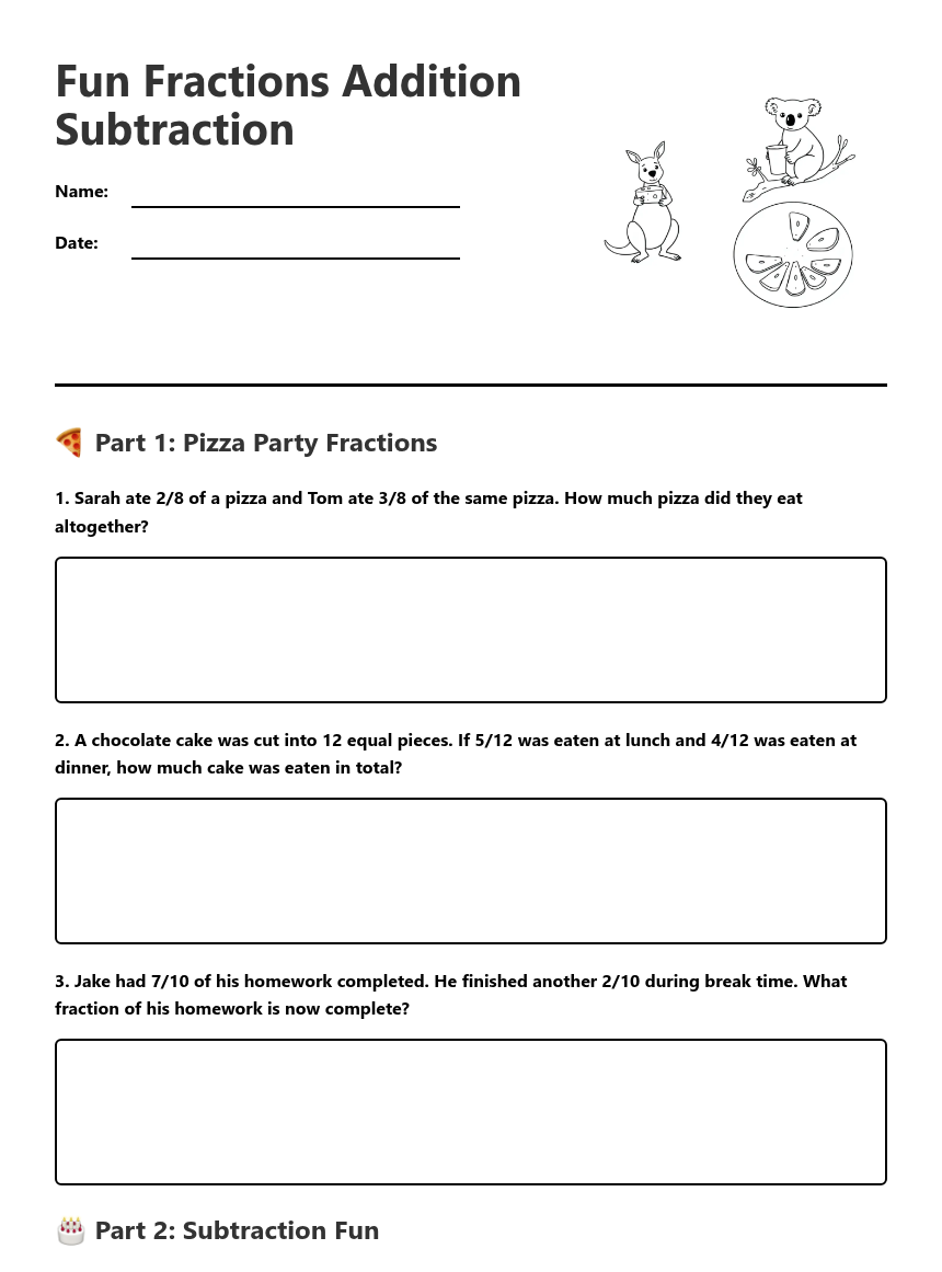 Fun Fractions Addition Subtraction — Free Printable Worksheet for ...