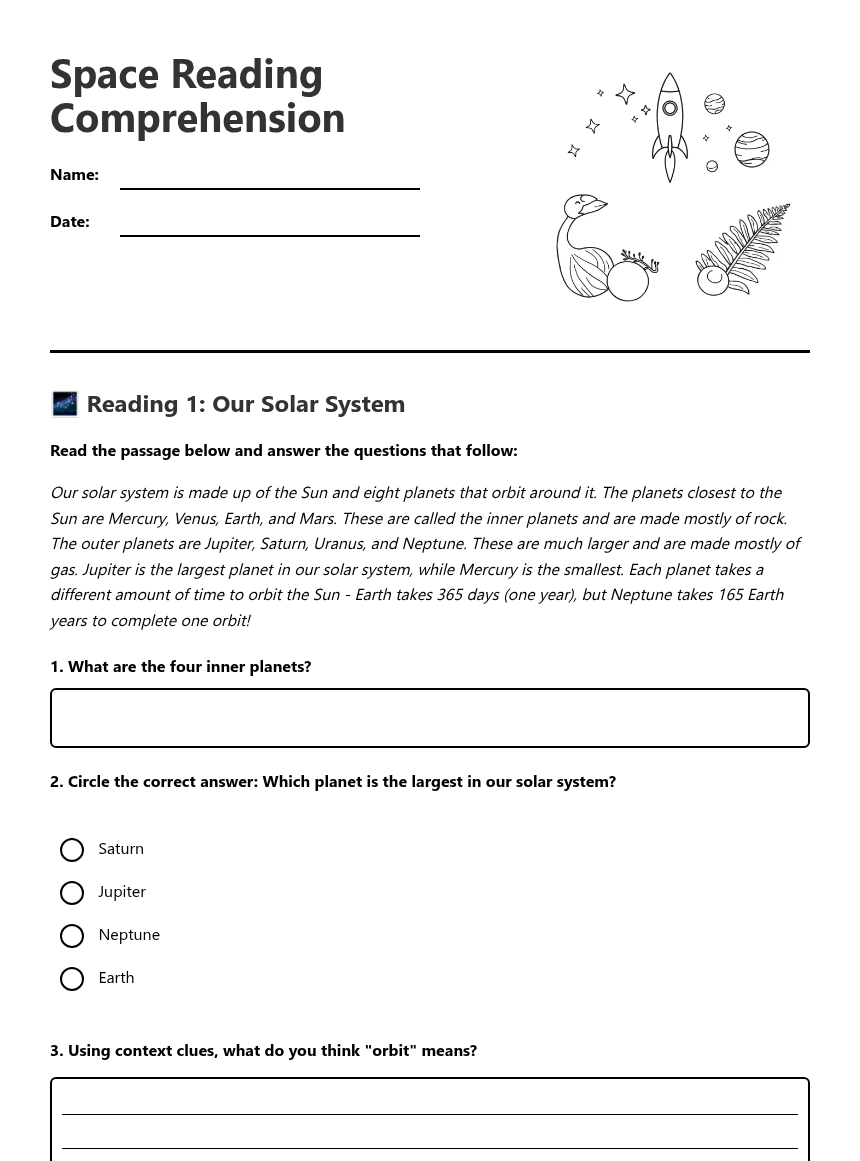 Space Reading Comprehension — Free Printable Worksheet | Kuraplan