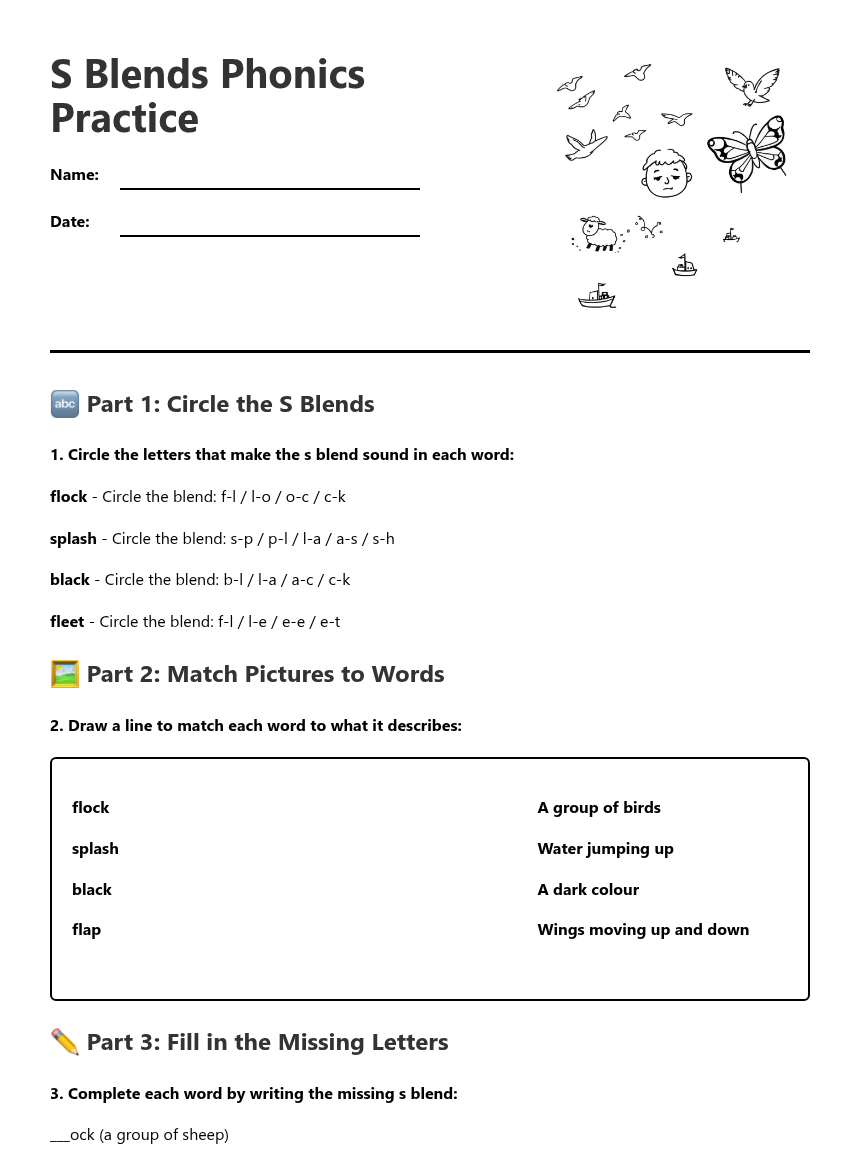 S Blends Phonics Practice — Free Printable Worksheet for English | Kuraplan