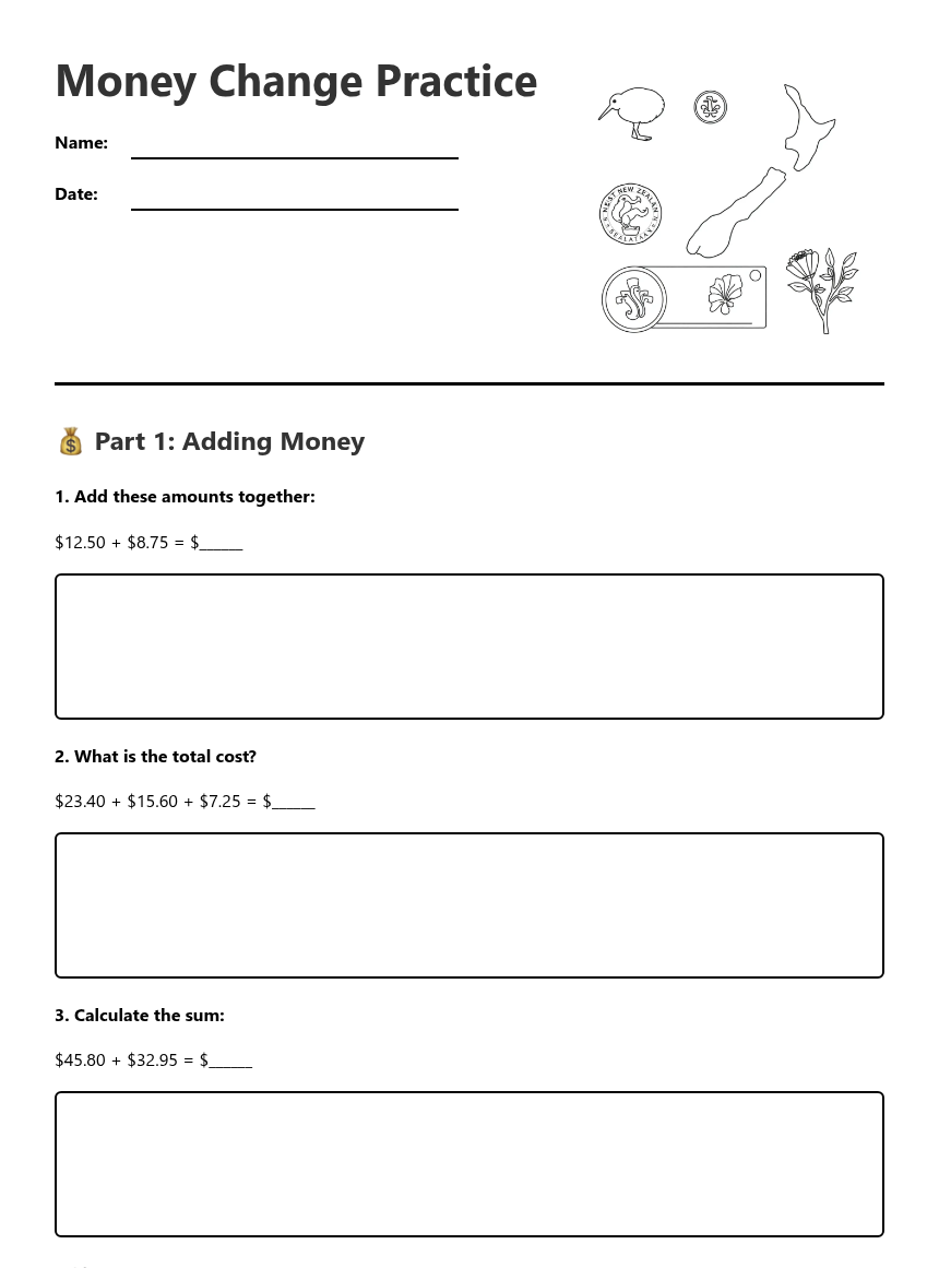 Money Change Practice — Free Printable Worksheet for Maths | Kuraplan