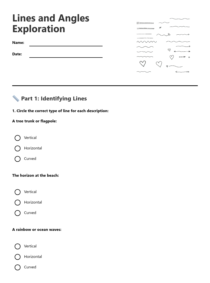 Lines and Angles Exploration — Free Printable Worksheet for Mathematics ...