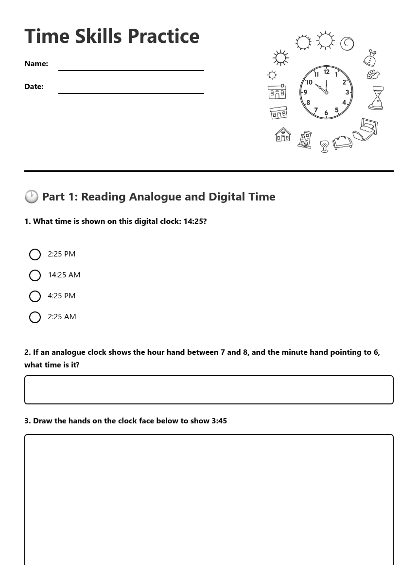 Time Skills Practice — Free Printable Worksheet | Kuraplan