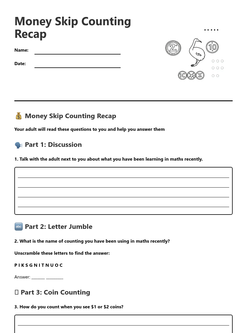 Money Skip Counting Recap — Free Printable Worksheet for Maths | Kuraplan