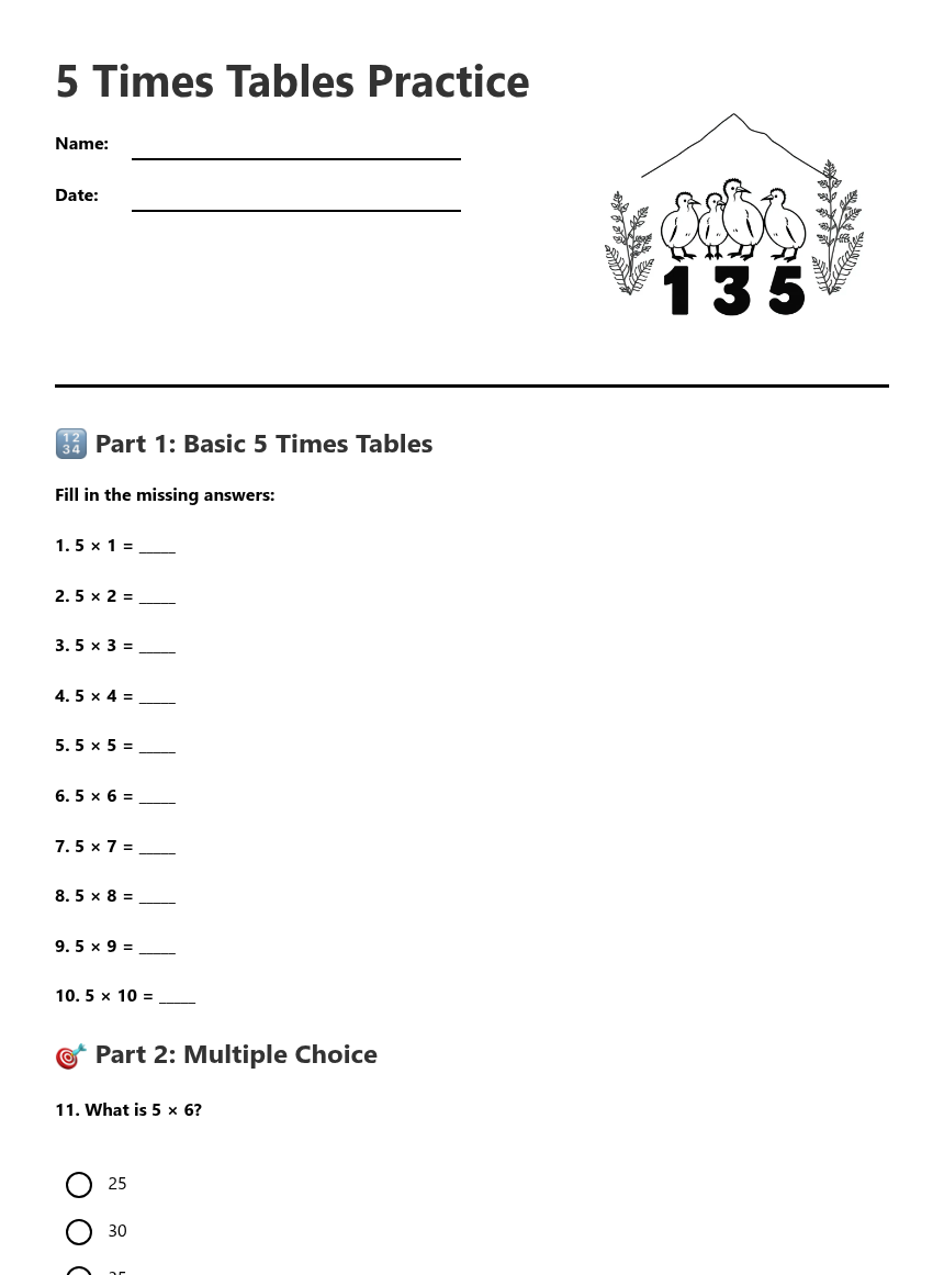 5 Times Tables Practice — Free Printable Worksheet for Maths | Kuraplan